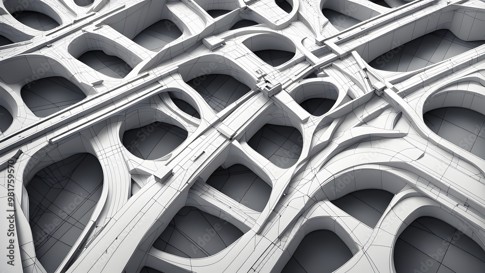 3D renderings of abstract civil engineering designs made up of lines ...