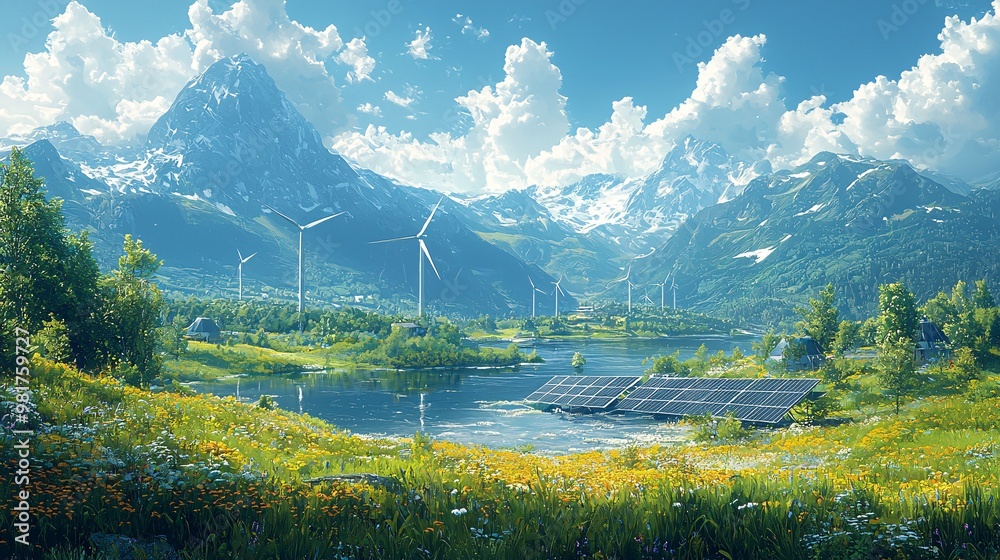 ภาพประกอบสต็อก Create a futuristic vector image where solar panels and ...