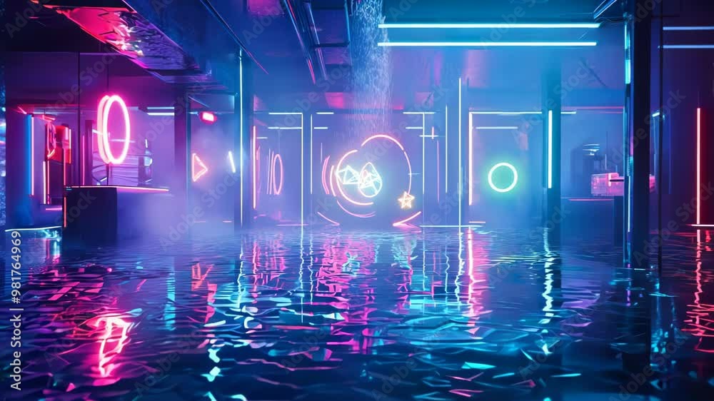 Futuristic nightclub with neon-lit interior. Reflective floor creates ...