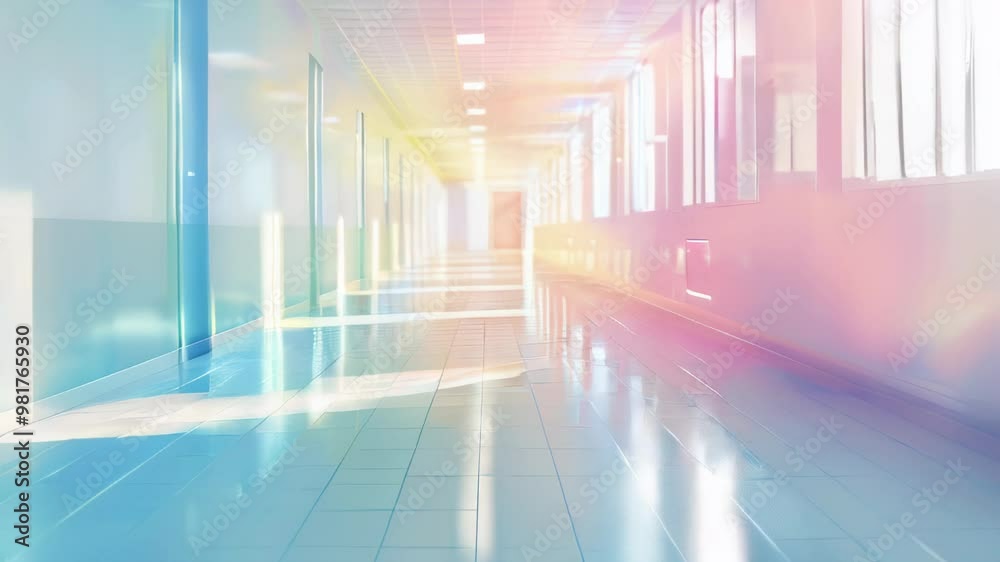 A bright hospital hallway illuminated with colorful light reflections ...