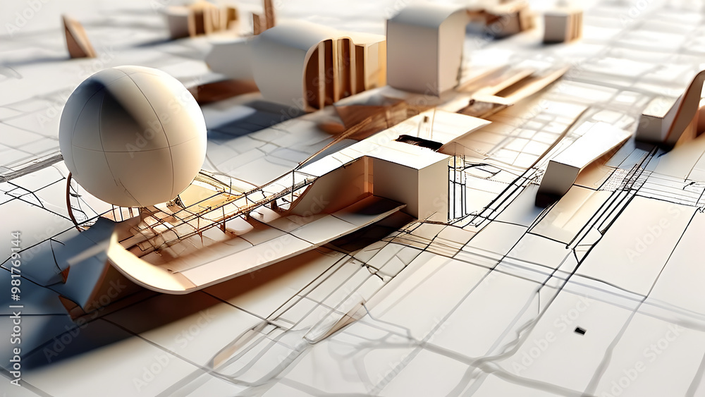 3D renderings of abstract civil engineering designs made up of lines ...