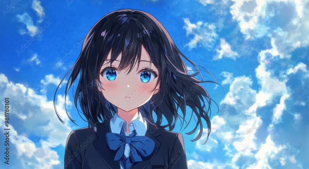 A cute girl with blue eyes and dark hair, dressed in a school uniform ...