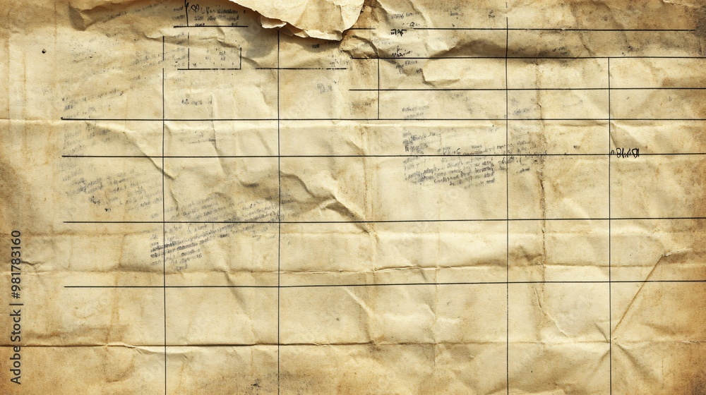 Old paper with grid lines and faded text, crumpled and aged, with light ...