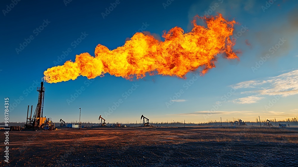 Gas Flare at Oilfield: A gas flare burning brightly at an onshore ...