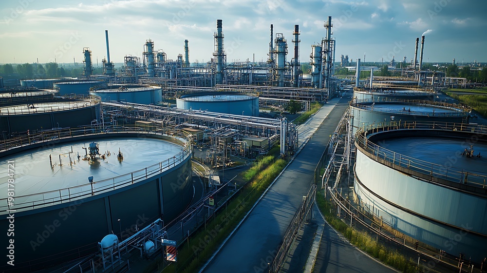 Oil Storage Facility: A vast area filled with massive cylindrical oil ...
