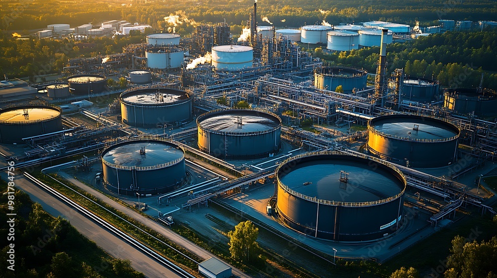 Oil Storage Facility: A vast area filled with massive cylindrical oil ...
