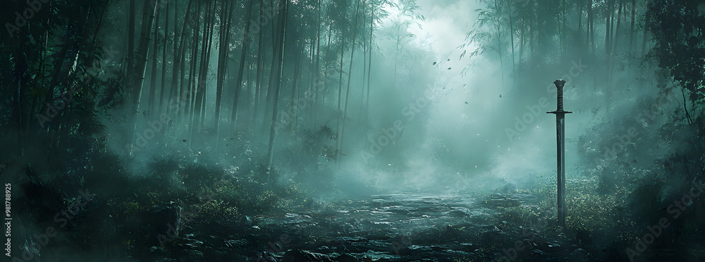 “Concept Art of an Ancient Japanese Forest with Bamboo Trees and Mist ...