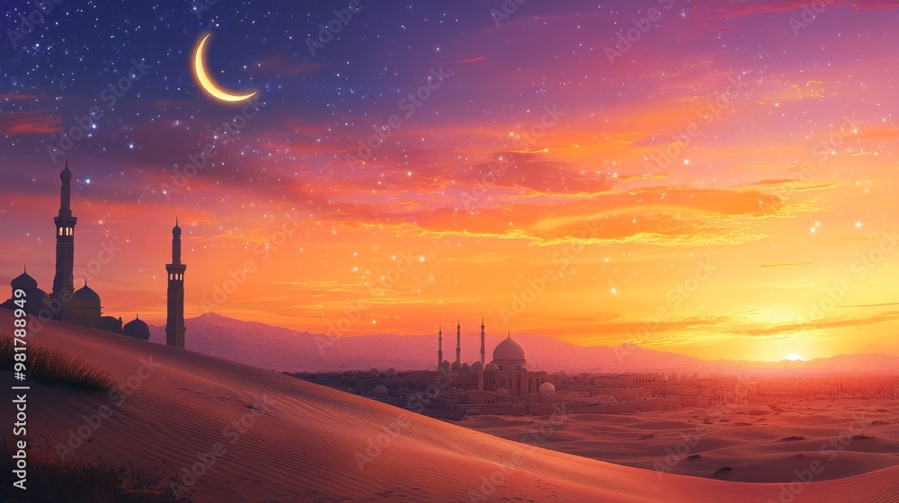 8. A picturesque desert landscape at sunset with a crescent moon and ...