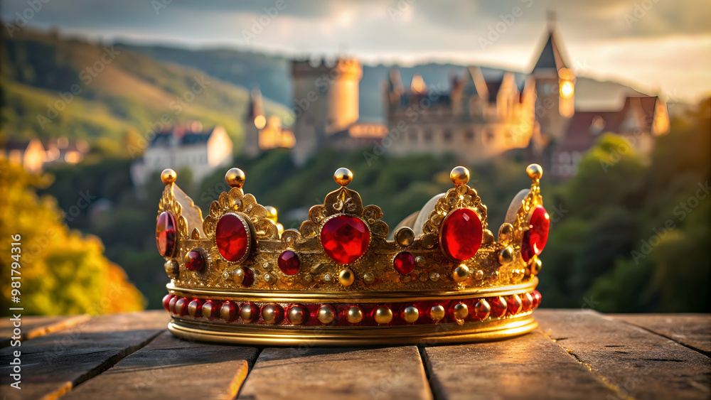 Royal luxury crown with red gemstones on castle background, Royal ...