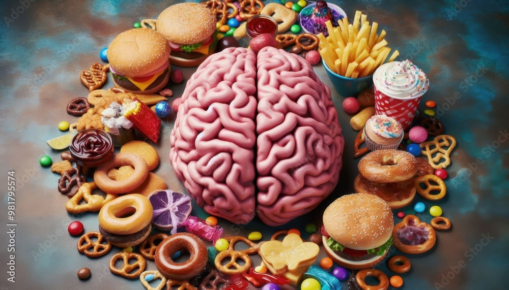 brain model, unhealthy food, junk food, fast food, burgers, donuts ...