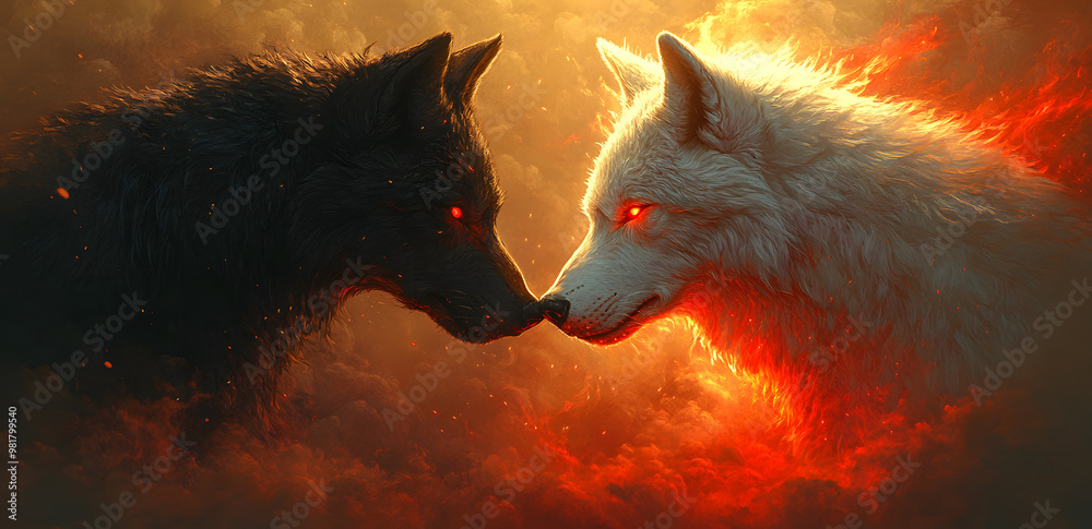 ภาพประกอบสต็อก “Black and White Wolves Facing Each Other in a Tense ...