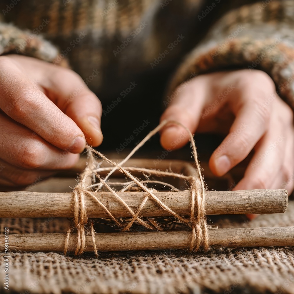 Camper constructing a bird trap with twine and sticks, camping survival ...