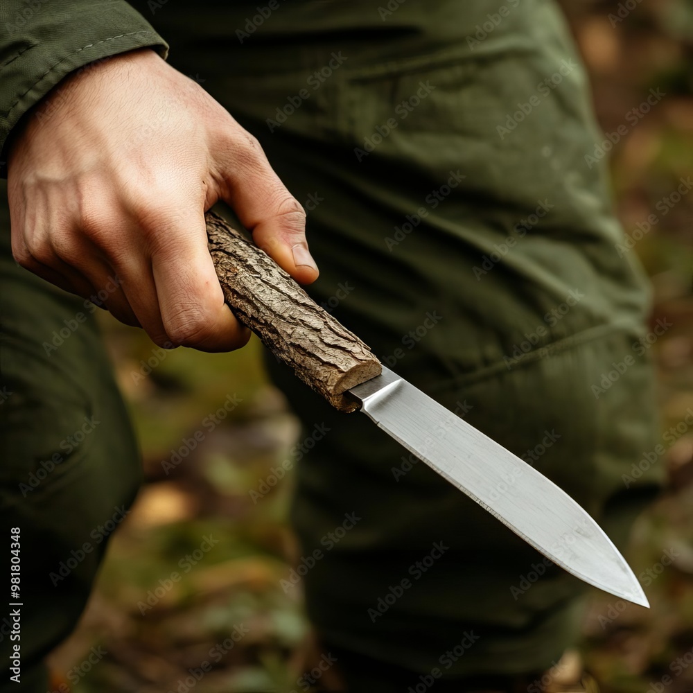 Individual sharpening a stick into a spear with a hunting knife ...