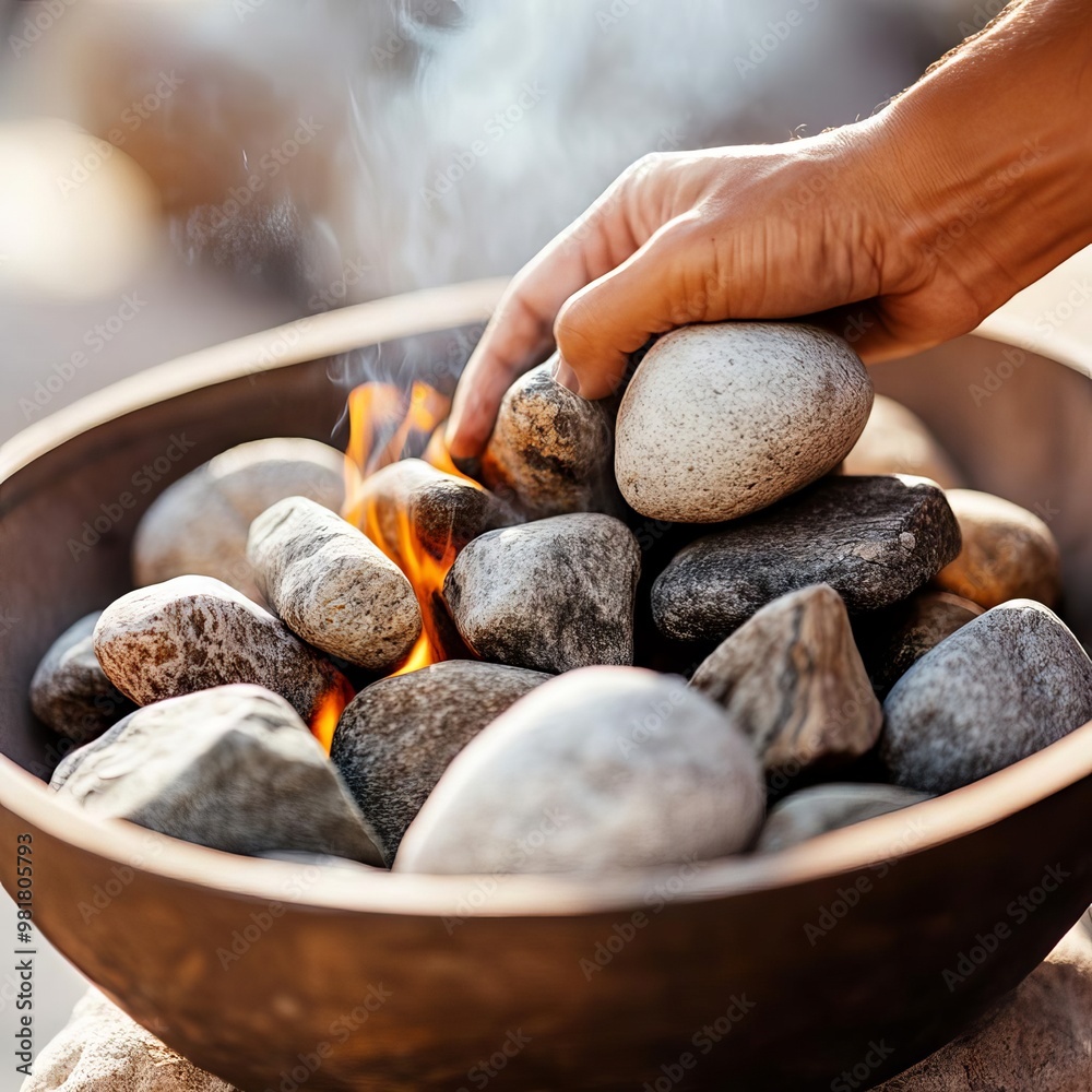 Person heating stones to create a sweat lodge, camping survival ...