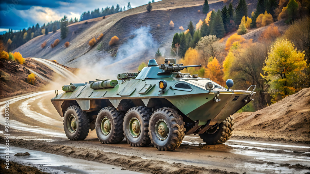 Soviet BTR-70 armored personnel carrier driving through rugged terrain ...
