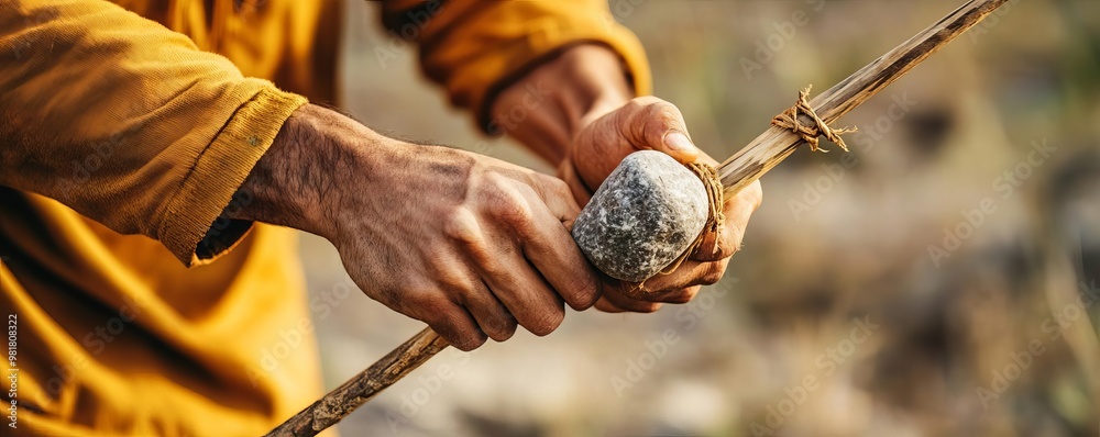 Survivalist crafting a spear from a sharp rock tied to a stick, camping ...