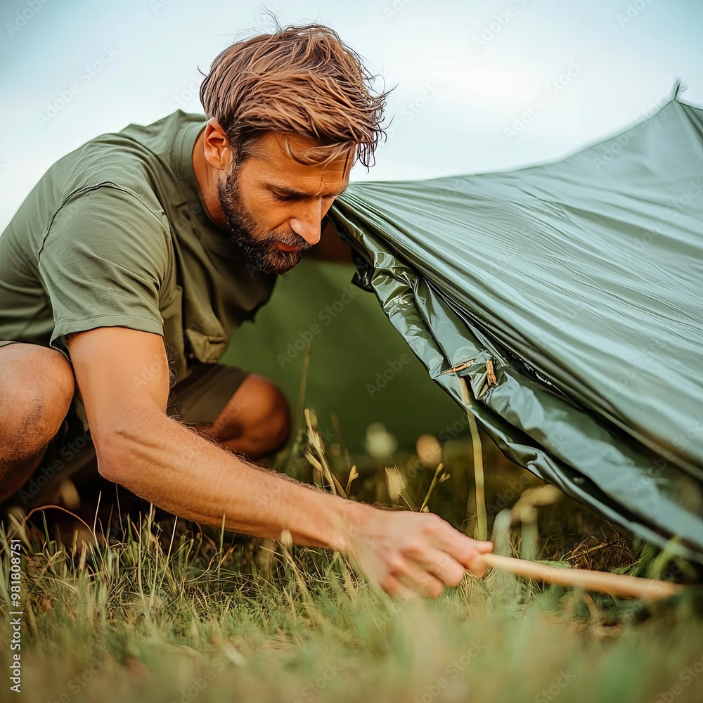 Survivalist making a lean-to shelter with a waterproof tarp, camping ...