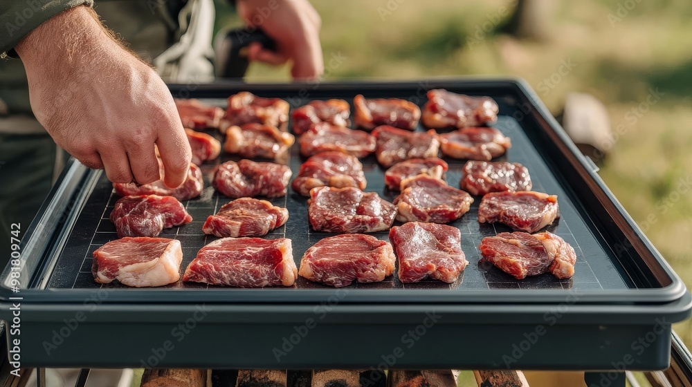 Survivalist using a solar oven to dry meat for preservation, camping ...