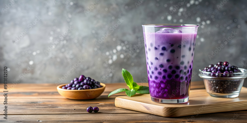 Vibrant purple bubble tea with tapioca pearls in a glass cup , Bubble ...