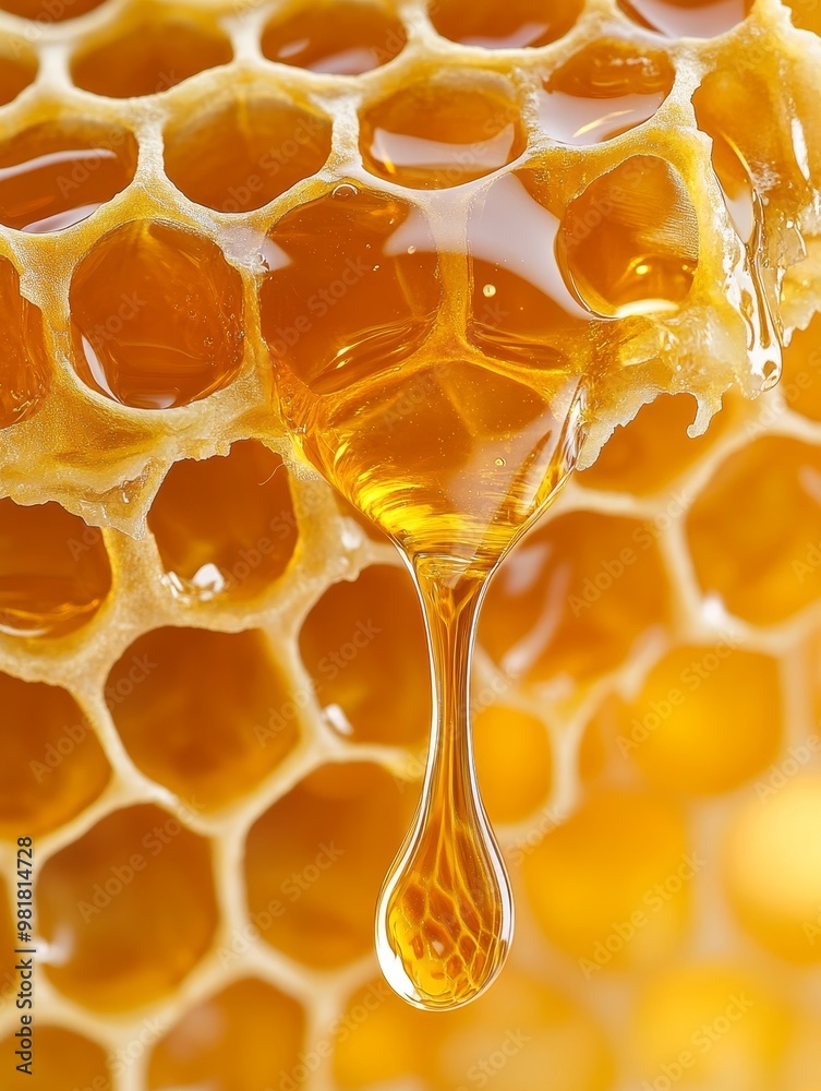 A close-up photo of a golden honeycomb with a single drop of honey ...