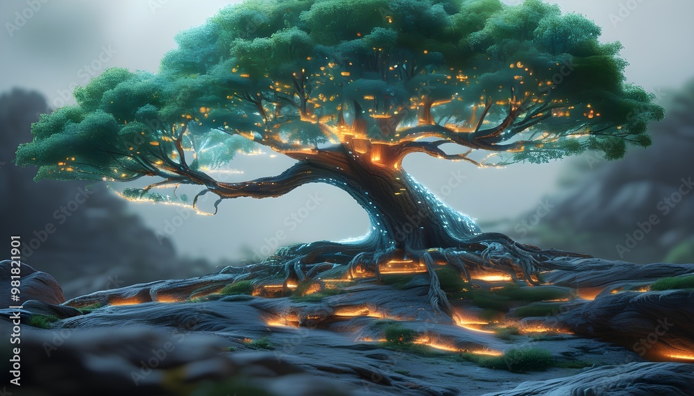 Illuminated tree with digital roots intertwined in a magical landscape ...