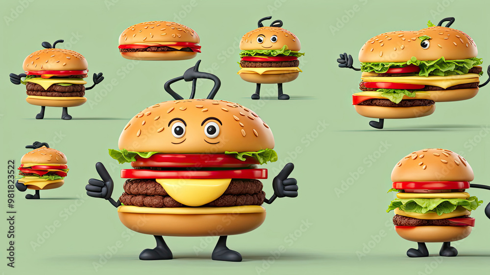 A cheerful 3D burger mascot with animated expressions and lively poses ...