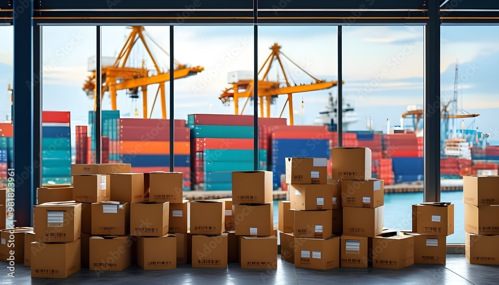 Dynamic shipping office amidst bustling harbor activities with ...