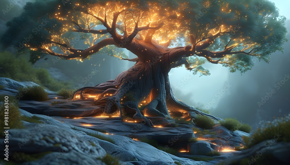 Illuminated tree with digital roots intertwined in a magical landscape ...