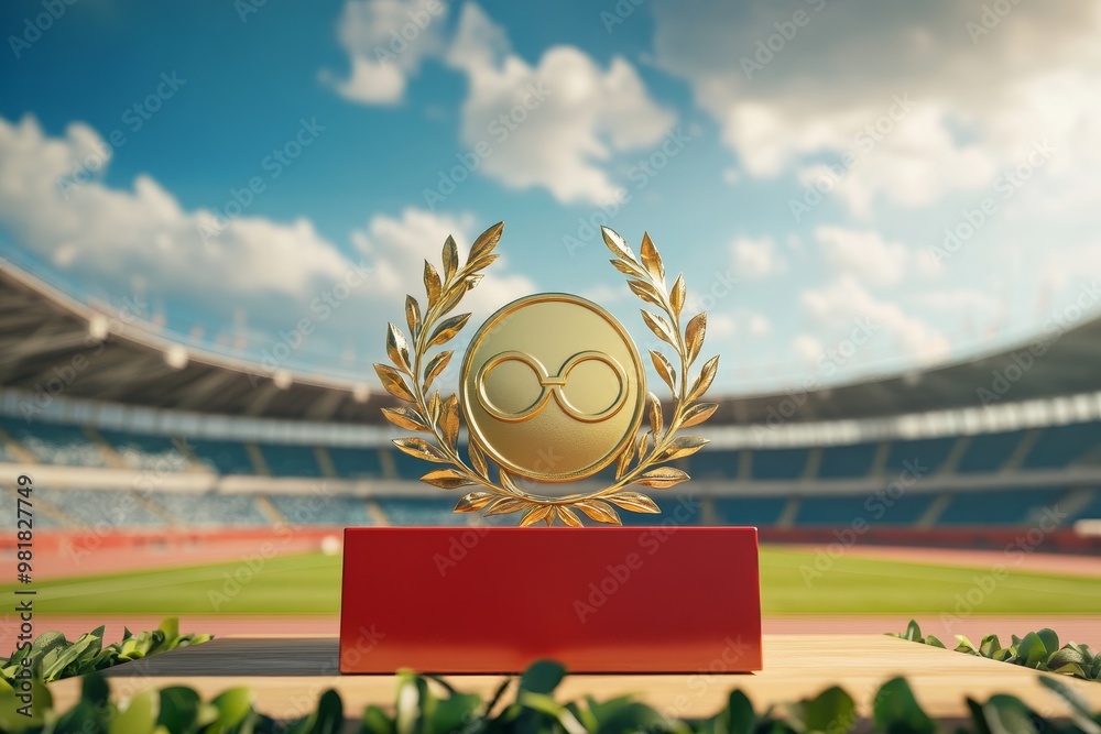 Gold trophy with infinity symbol on a red base on a wooden podium in a ...