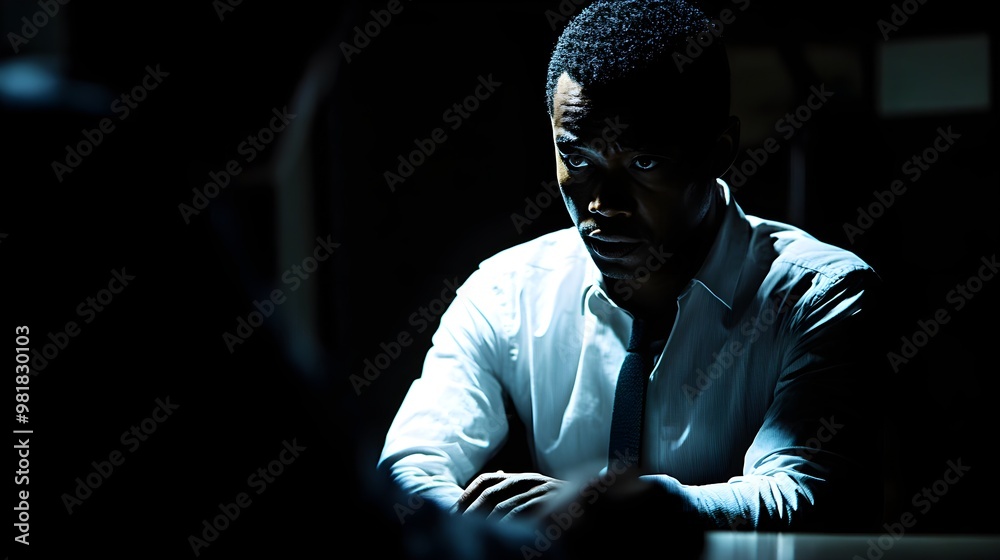 The detective's focused gaze meets the suspect's nervous stare, fingers ...