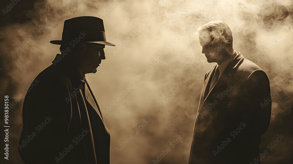 Vintage noir scene, detective in fedora and trench coat interrogating a ...