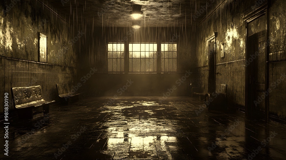Wet, dimly lit interrogation room with dripping ceiling, eerie ...