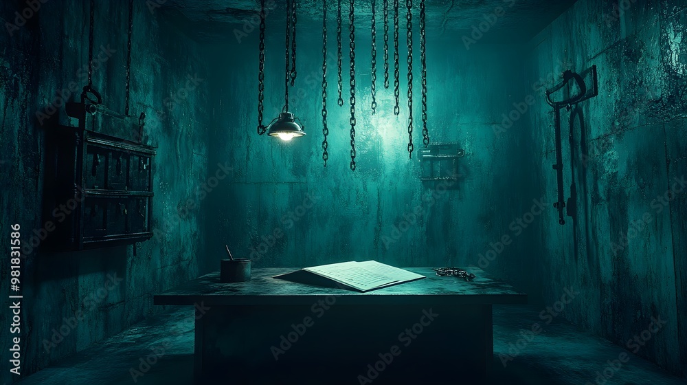 Industrial interrogation chamber, chains clinking on the wall, a file ...