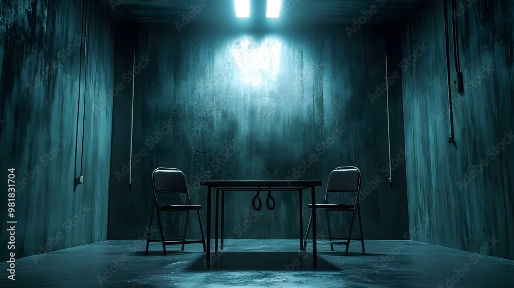 Interrogation room, bare walls, metal table with two chairs, a single ...