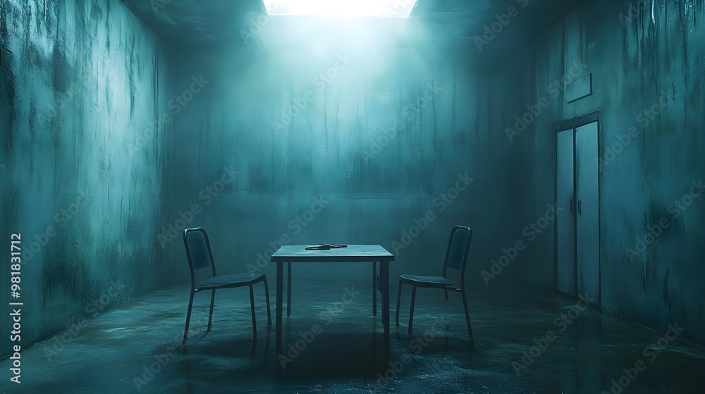 Interrogation room, bare walls, metal table with two chairs, a single ...