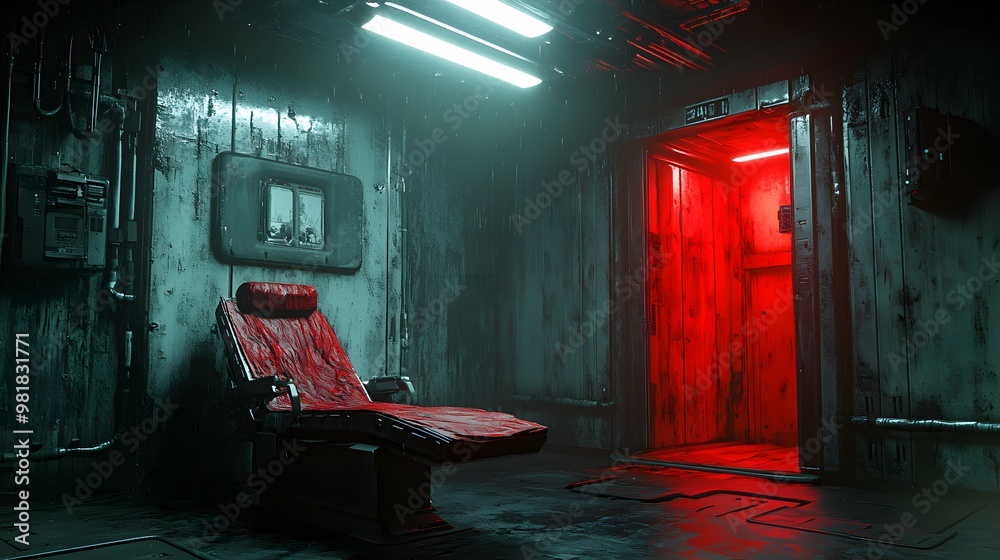 Interrogation room in dystopian world, flickering lights, subject ...