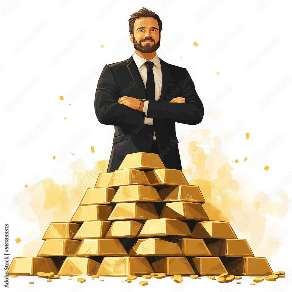 Golden Success: A confident businessman stands tall, arms crossed, atop ...