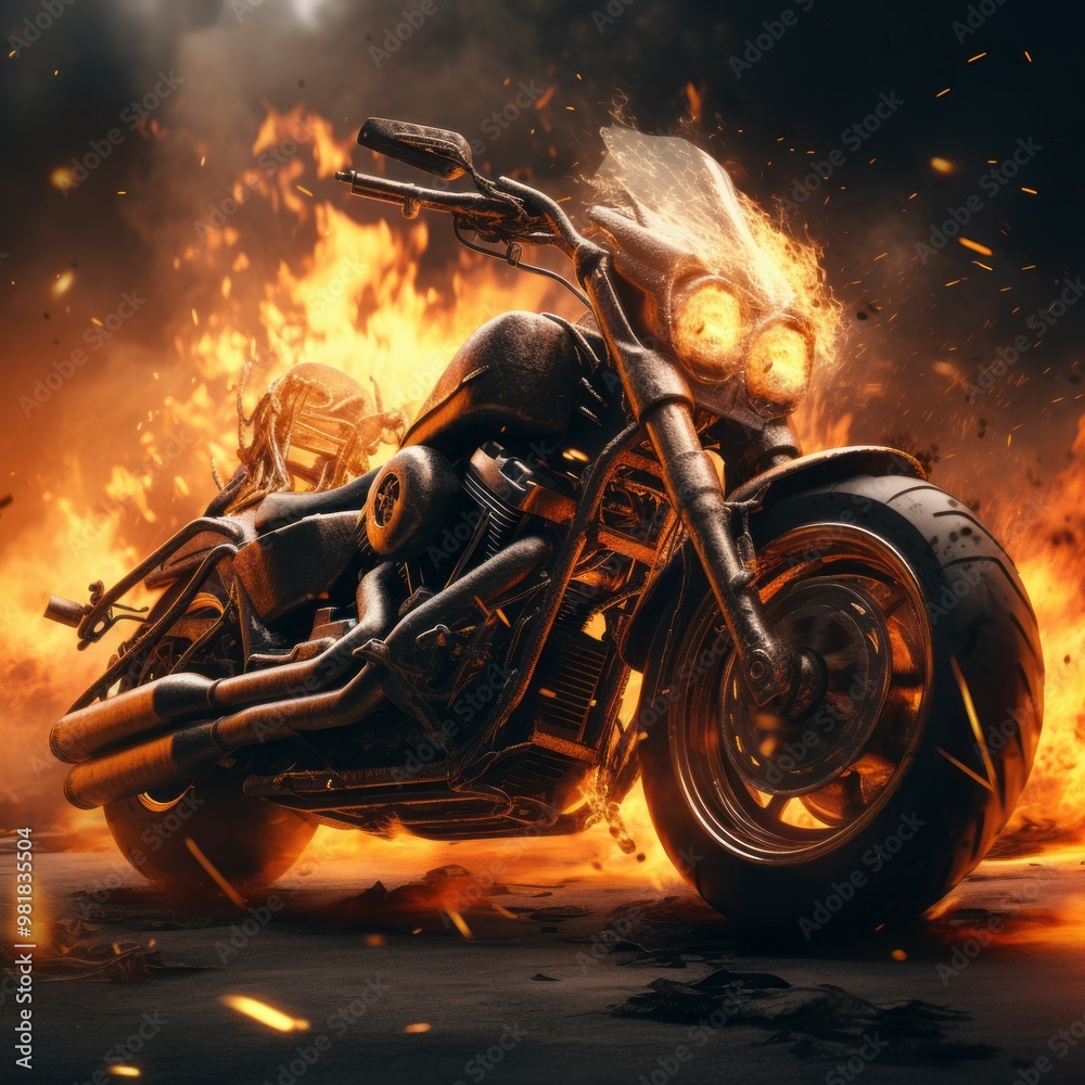 motorcycle located in a burning flame Created with Generative AI ...