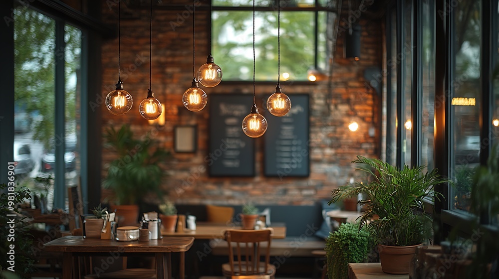 Cozy, rustic coffee shop interior with vintage wooden furniture, brick ...