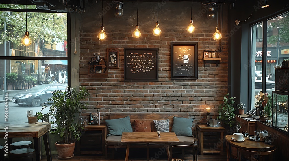 Cozy, rustic coffee shop interior with vintage wooden furniture, brick walls, hanging Edison ...