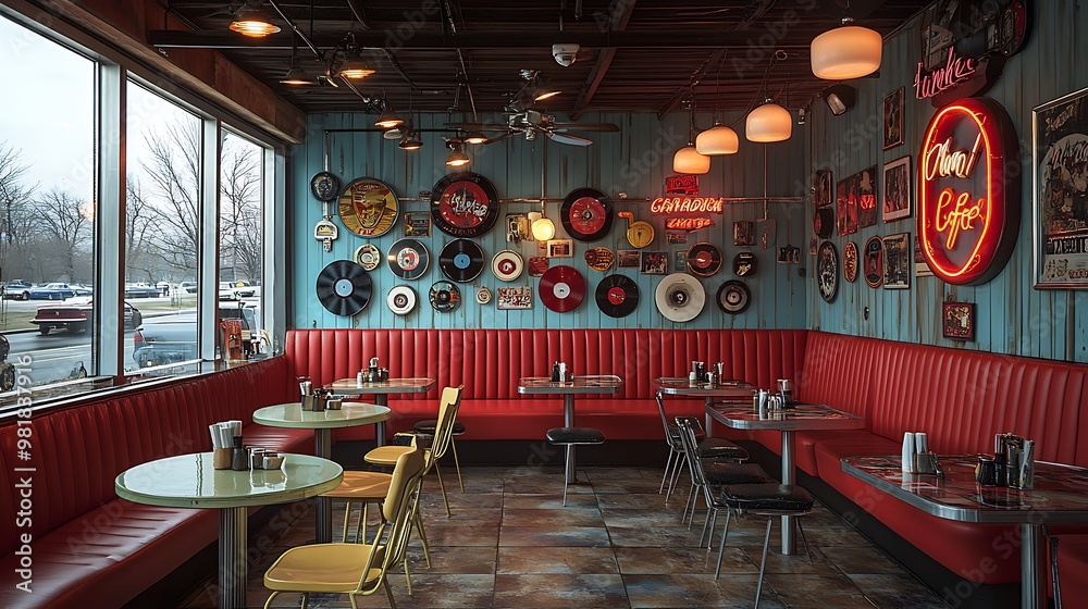 Interior of a retro coffee shop featuring bright red booths, mid ...