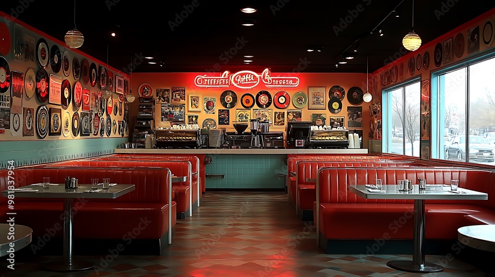 Interior of a retro coffee shop featuring bright red booths, mid ...