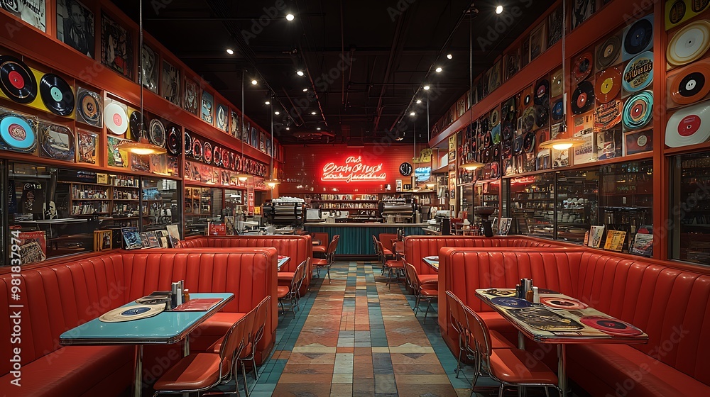 Interior of a retro coffee shop featuring bright red booths, mid ...