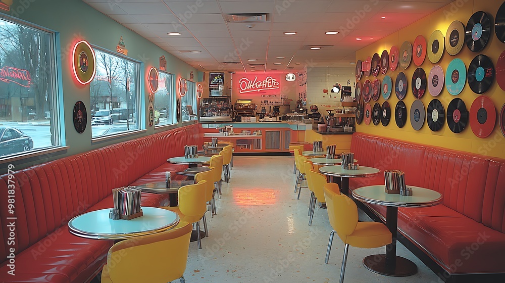 Interior of a retro coffee shop featuring bright red booths, mid ...