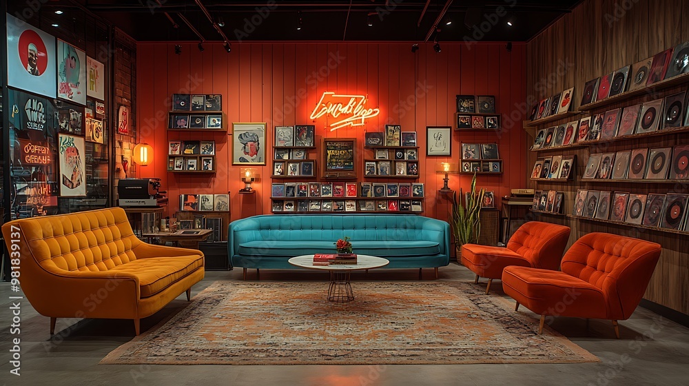 Retro-style coffee shop with mid-century modern furniture, bold, bright ...