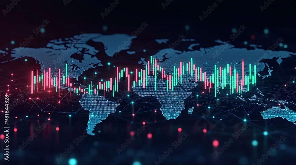 A dynamic candlestick chart with fluctuating green and red bars ...