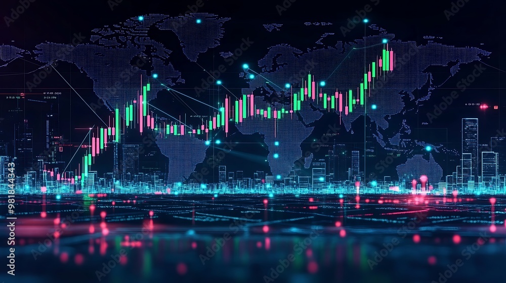 A dynamic candlestick chart with alternating green and red bars ...