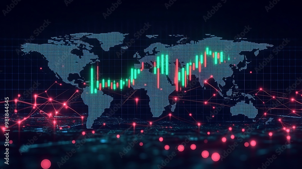 A dynamic candlestick chart with green and red bars fluctuating ...