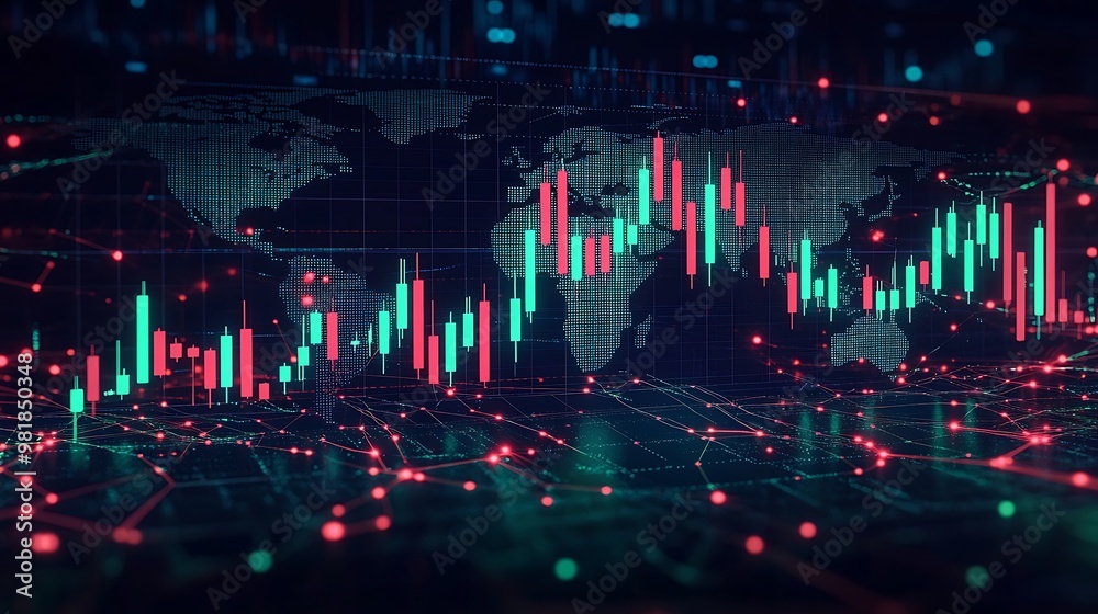 A volatile candlestick chart with alternating green and red bars ...
