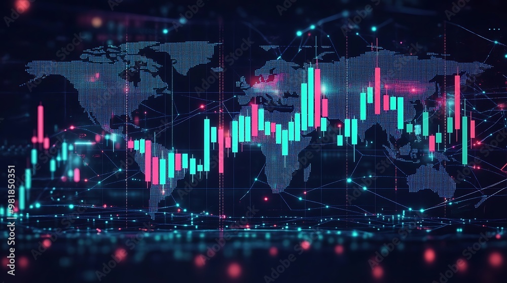 A volatile candlestick chart with alternating green and red bars ...